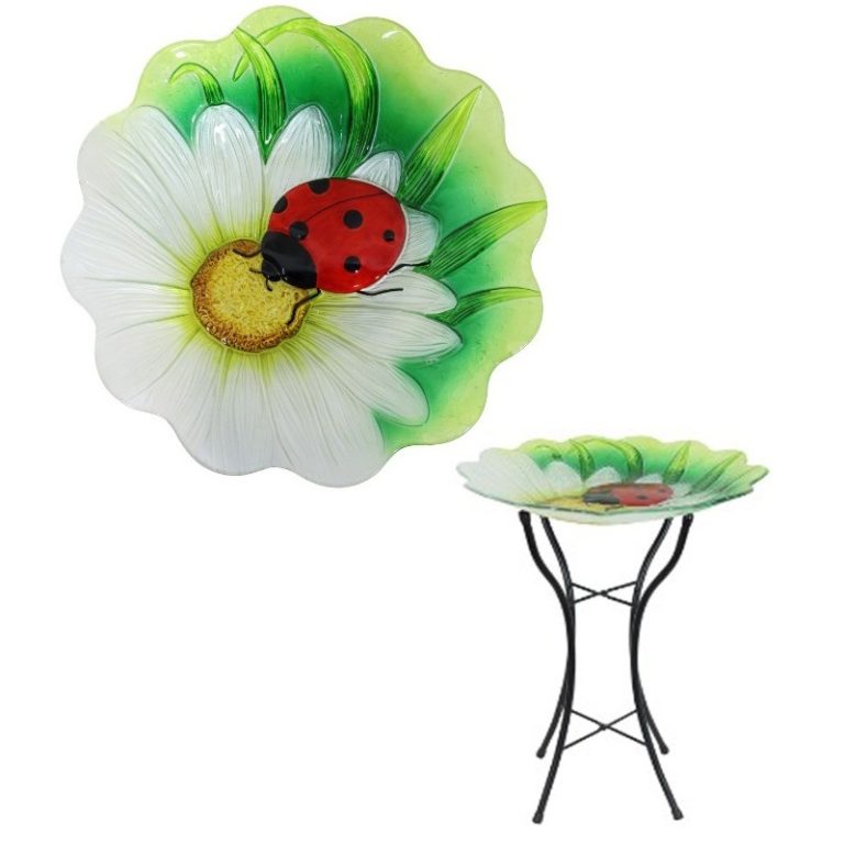 Glass Bird Bath W/Ladybug Design - The Pond Shop